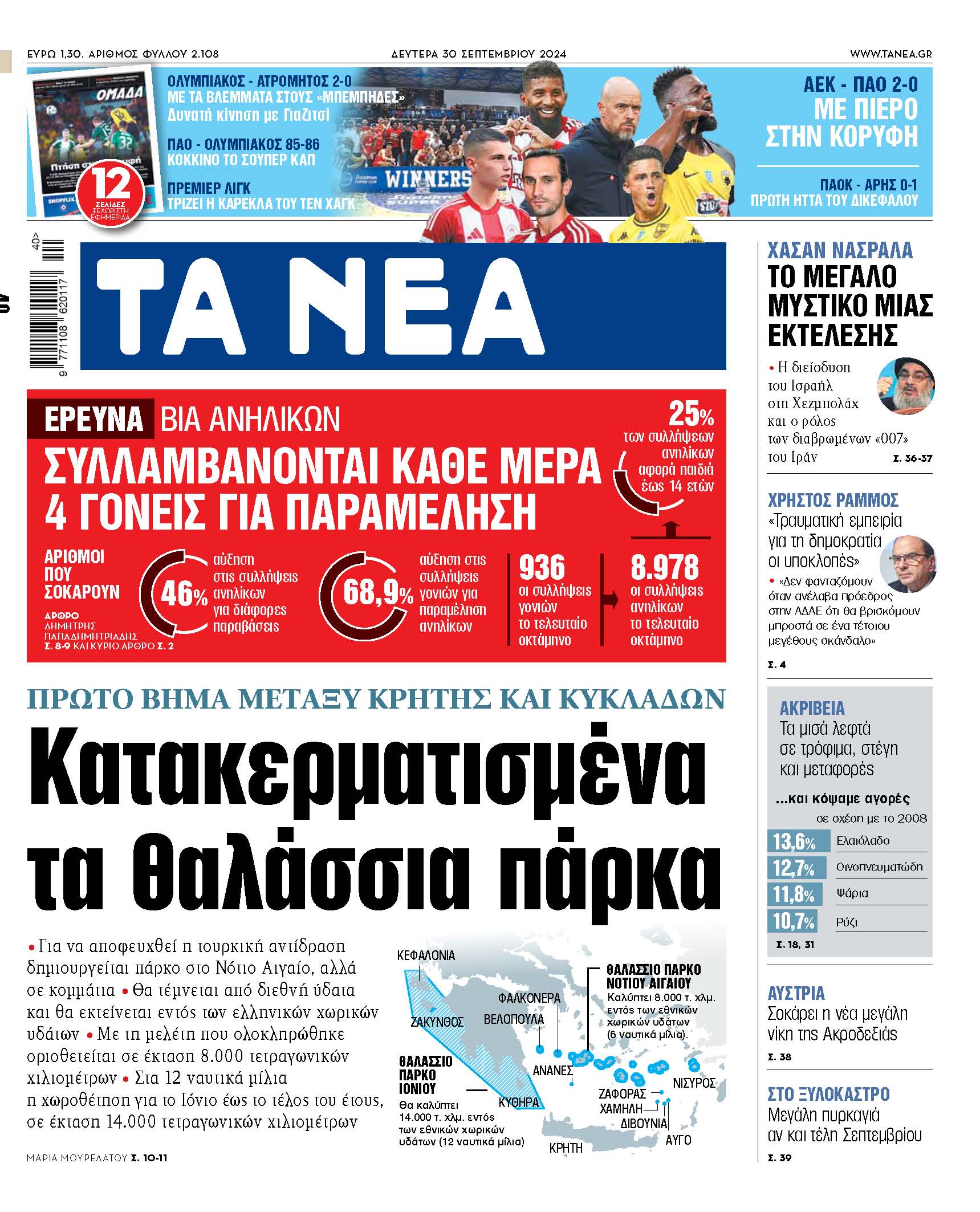 Στα «ΝΕΑ» της Δευτέρας: Κατακερματισμένα τα θαλάσσια πάρκα - ΤΑ ΝΕΑ