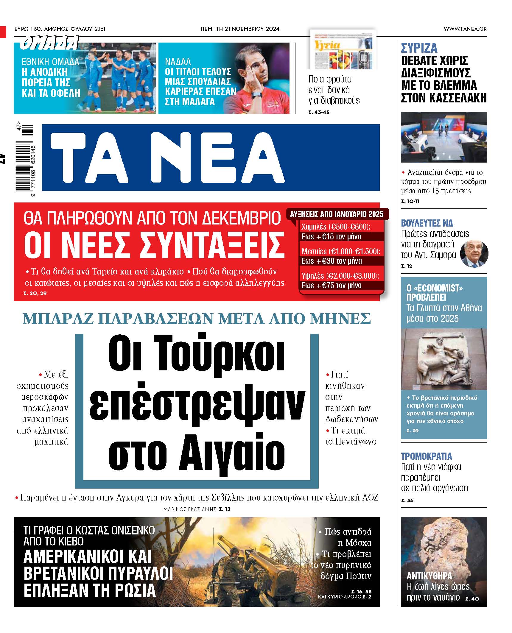 Στα «ΝΕΑ» της Πέμπτης: Οι Τούρκοι επέστρεψαν στο Αιγαίο - ΤΑ ΝΕΑ